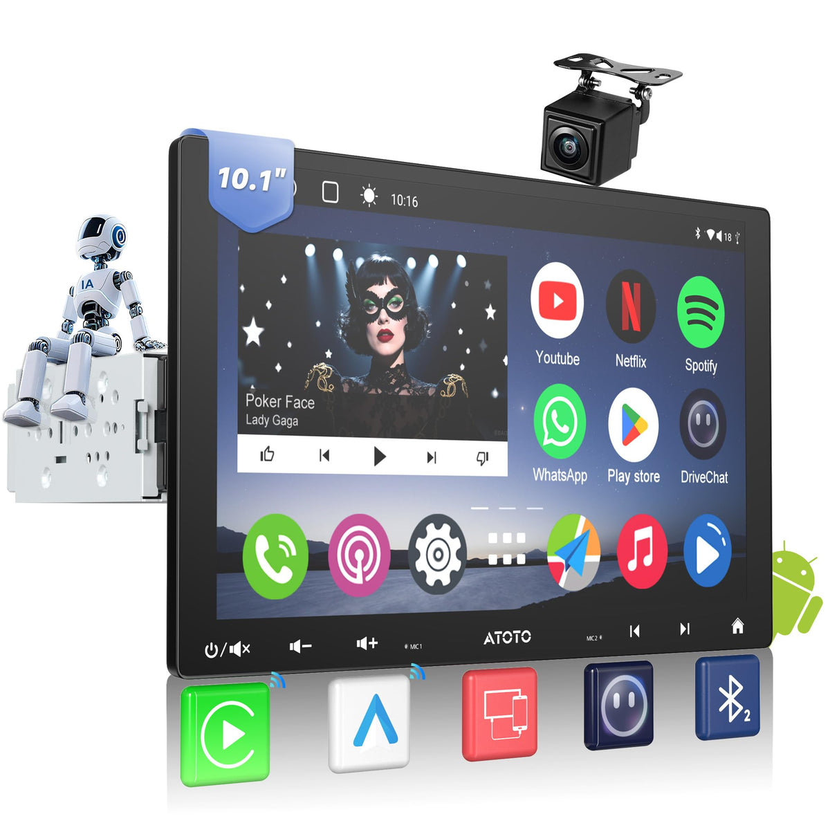 ATOTO A6PF 10" Single Din Car Stereo with Rear Cam, Wireless CarPlay