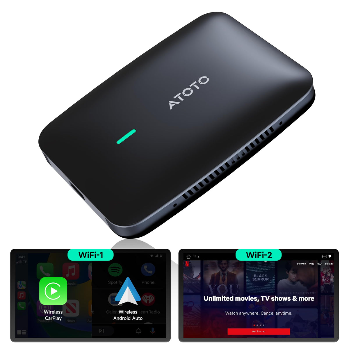 ATOTO CB4B Wireless CarPlay Adapter, AI Box, Dual WiFi, 4G+32G, 128GB